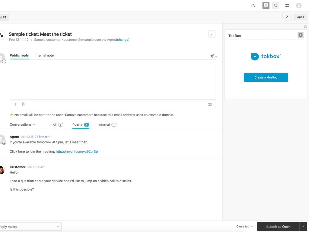 TokBox App Integration with Zendesk Support